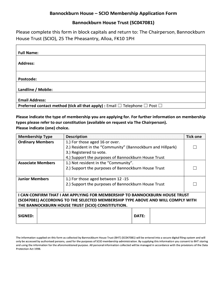 Fillable Online Bannockburn House SCIO Membership Application Form ...