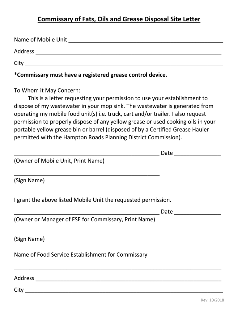 Fillable Online Commissary of Fats, Oils and Grease Disposal Site ...