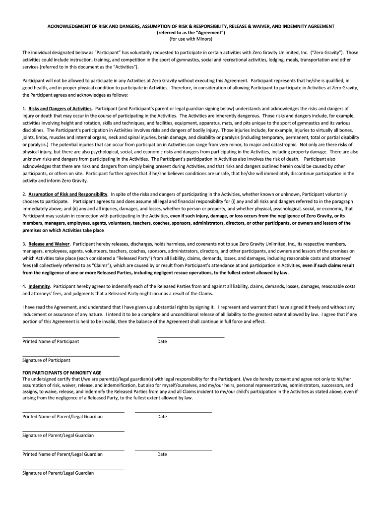 Fillable Online ACKNOWLEDGMENT OF RISK AND DANGERS, ASSUMPTION OF RISK ...