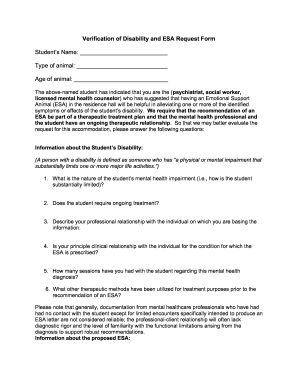 Fillable Online REVISED. Verification of Disability and ESA Request ...