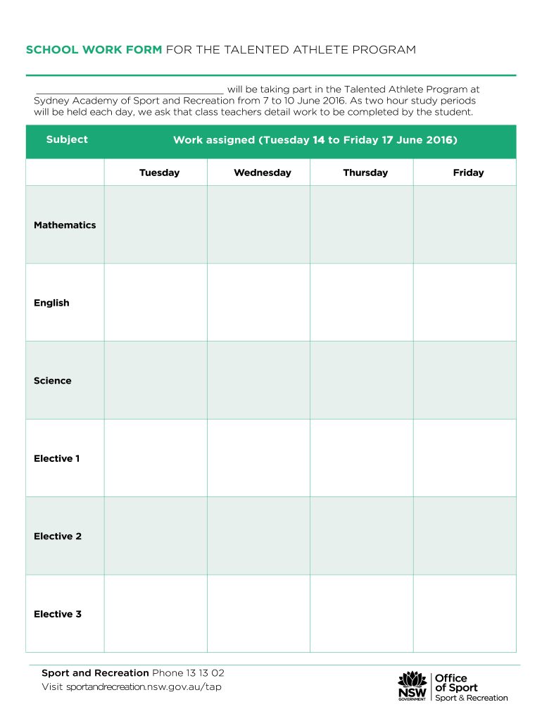 Fillable Online school work form for the talented athlete program - NSW ...
