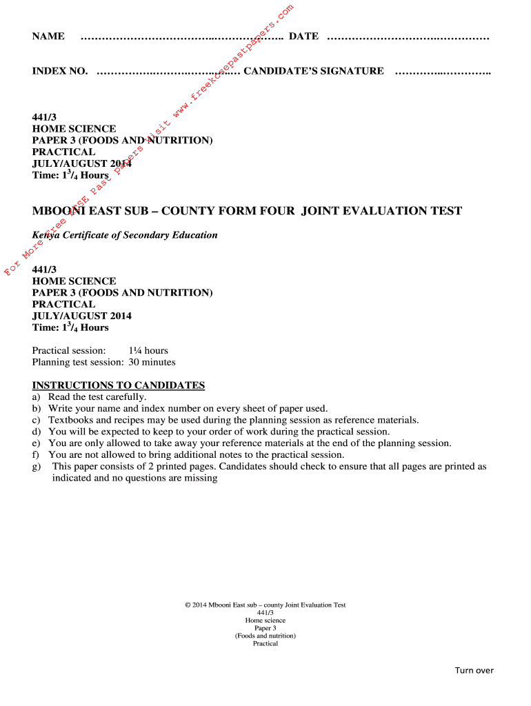 Fillable Online MBOONI EAST SUB COUNTY FORM FOUR JOINT EVALUATION TEST ...