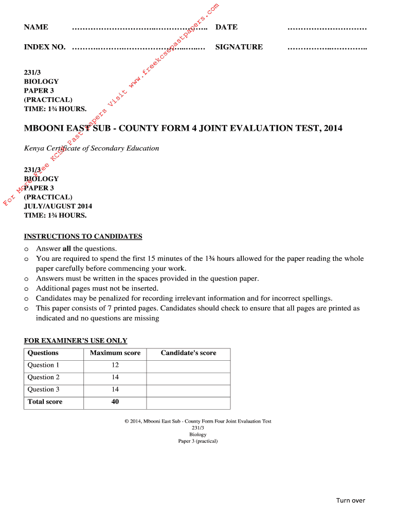 Fillable Online MBOONI EAST SUB -COUNTY FORM 4 JOINT EVALUATION TEST ...