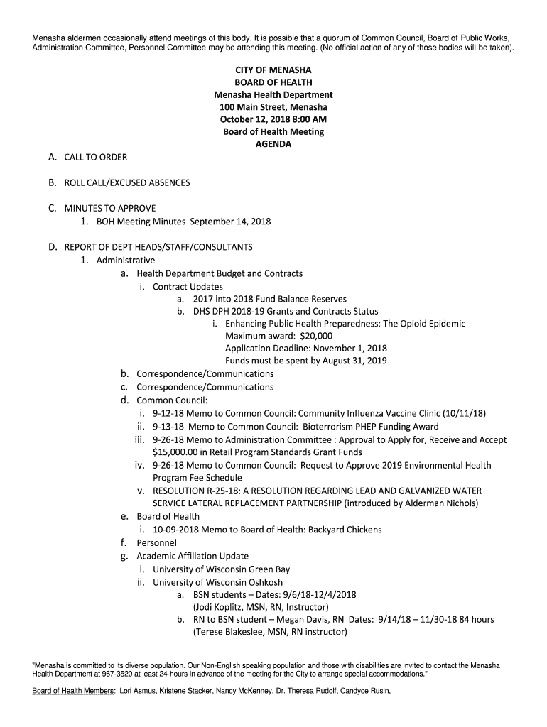 Fillable Online CITY OF MENASHA PARKS AND RECREATION BOARD City Hall ...