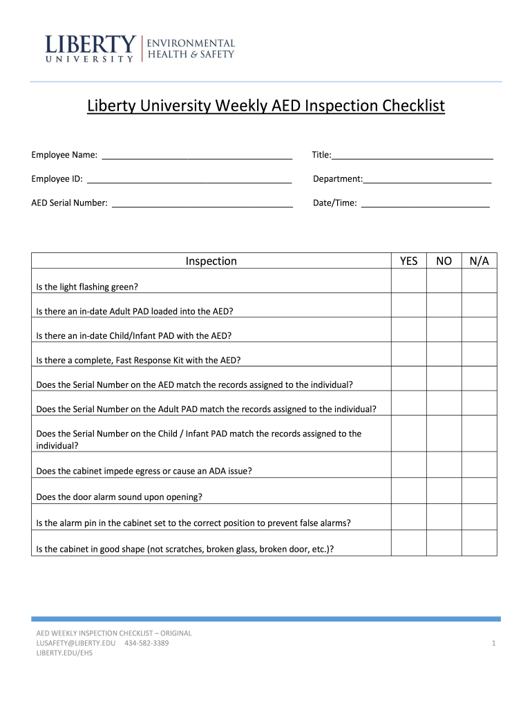 Fillable Online Liberty University Weekly AED Inspection Checklist Fax ...