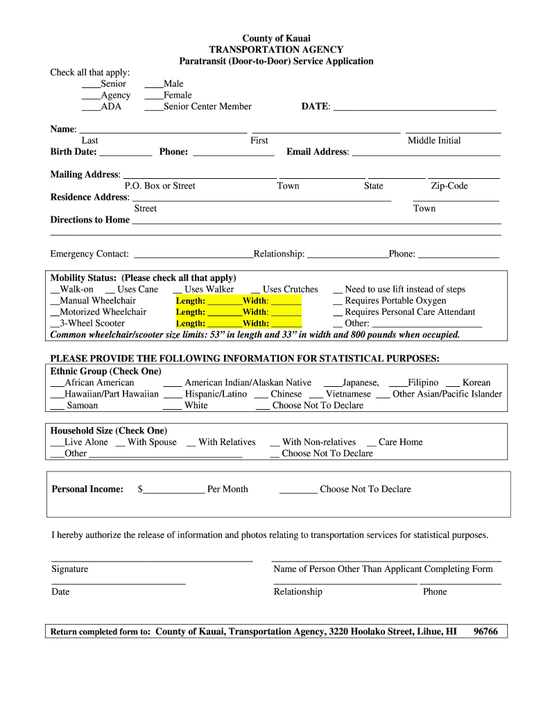 Fillable Online ELIGIBILITY APPLICATION FOR SHARED RIDE PARATRANSIT ...