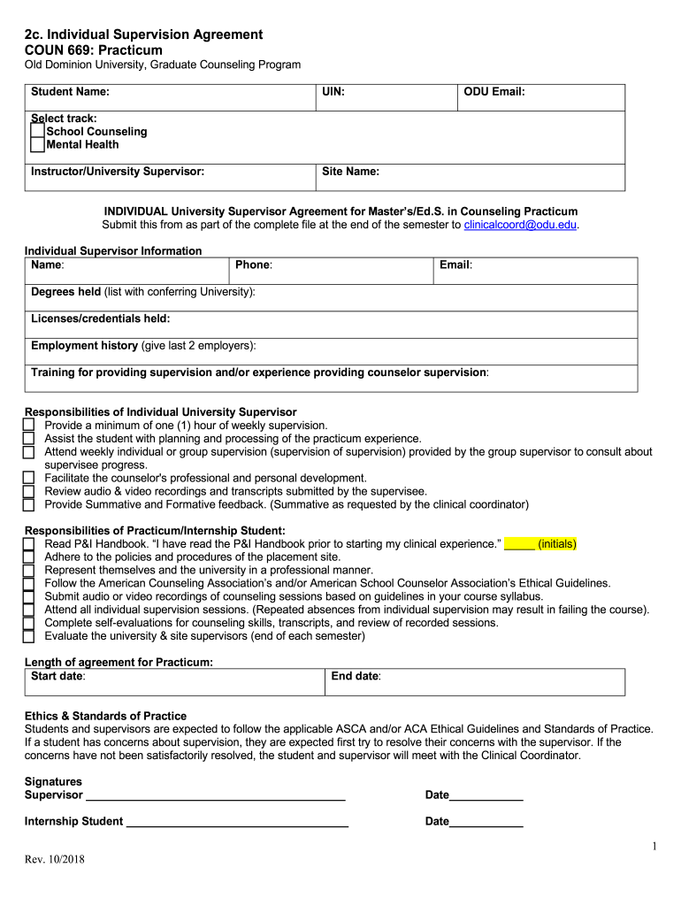 Fillable Online 2c PRACTICUM Individual Supervision Agreement 10.3.18 ...