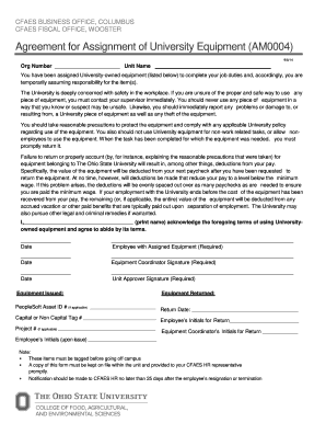 Fillable Online Agreement for Assignment of University Equipment Form ...