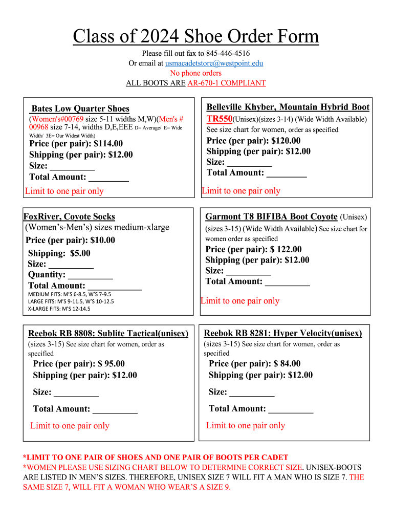 Fillable Online Class of 2024 Shoe Order Form Fax Email Print - pdfFiller
