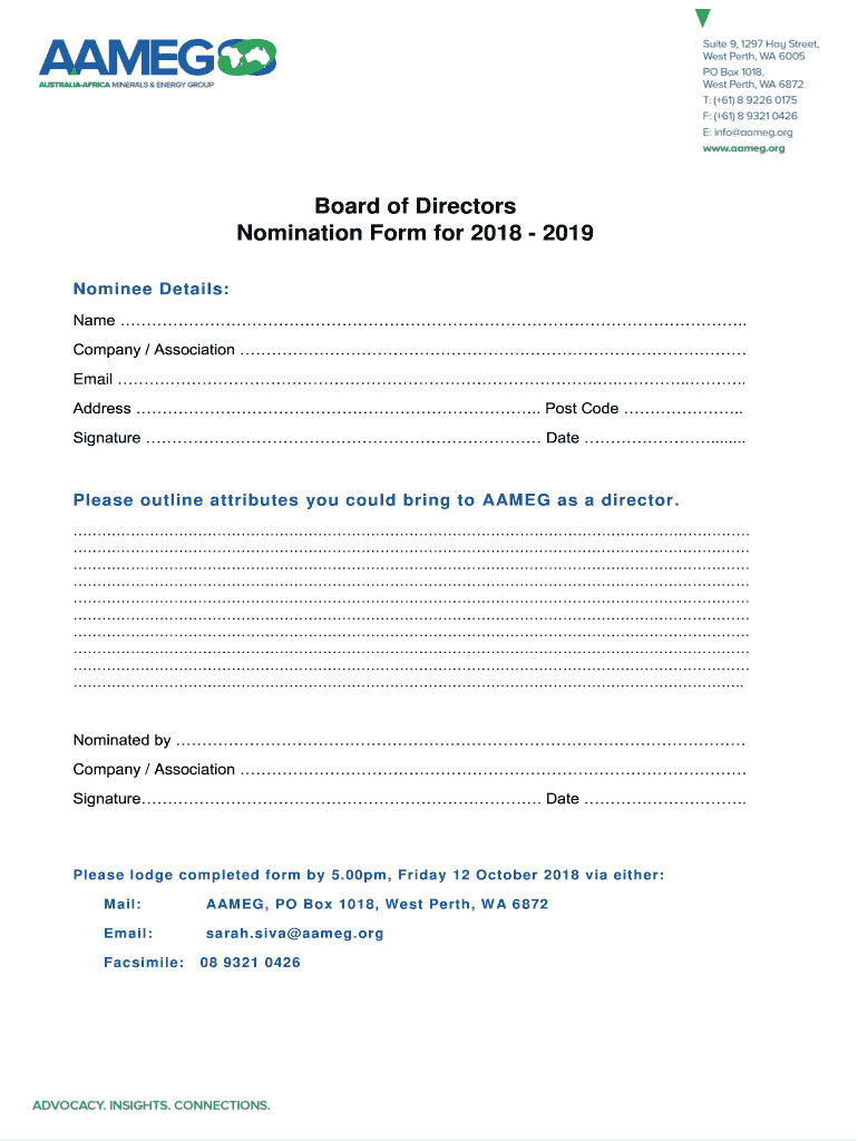 Fillable Online Board of Directors Nomination Form for 2018 - 2019 Fax ...