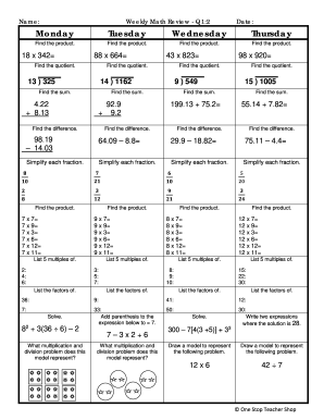 Fillable Online Weekly Math Review - Q1:2 Fax Email Print - pdfFiller