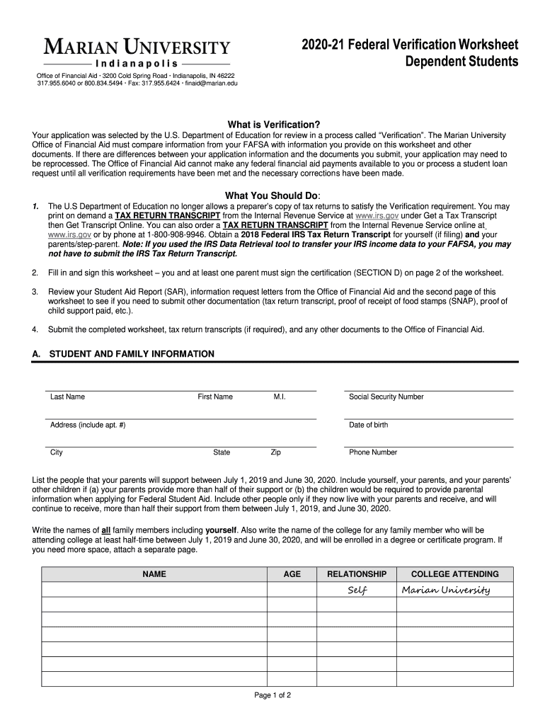 Fillable Online 2020-21 Federal Verification Worksheet Fax Email Print ...