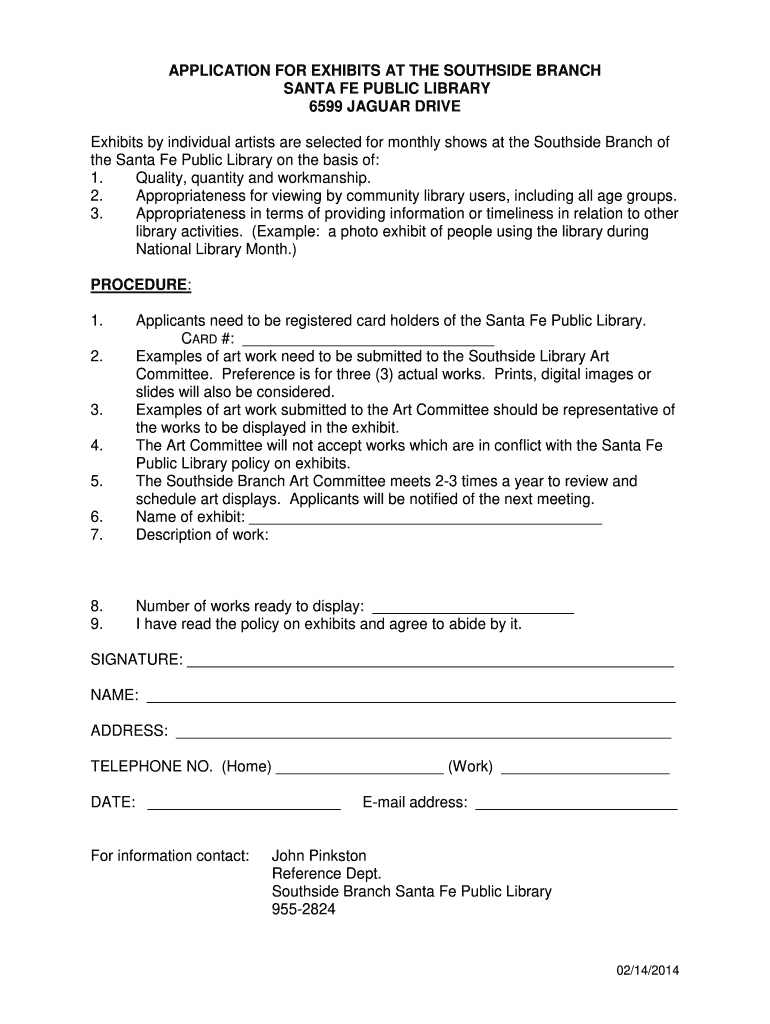 Fillable Online APPLICATION FOR EXHIBITS AT THE SOUTHSIDE BRANCH Fax ...