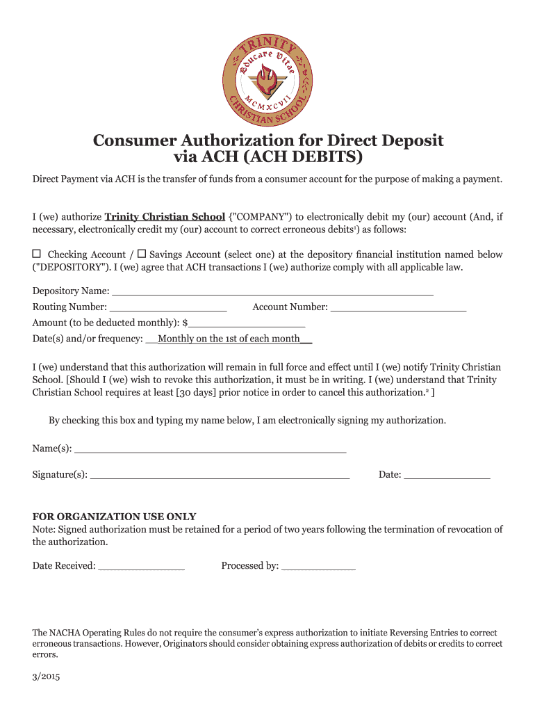 Fillable Online Consumer Authorization for Direct Deposit Fax Email ...