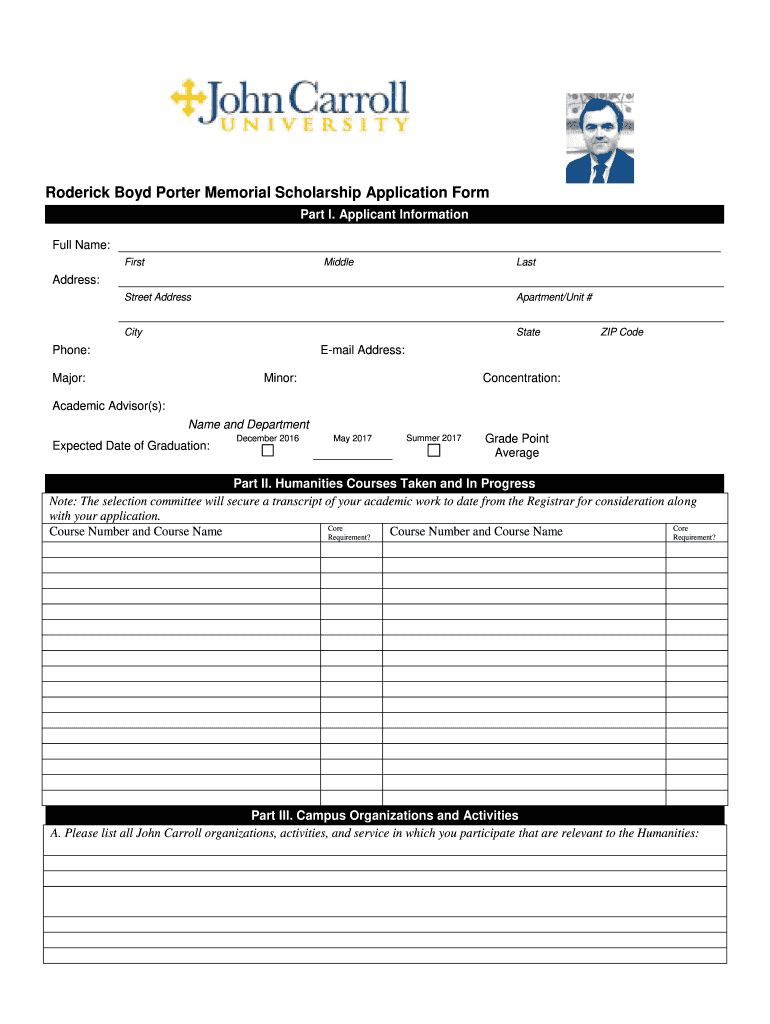 Fillable Online Roderick Boyd Porter Memorial Scholarship Application ...