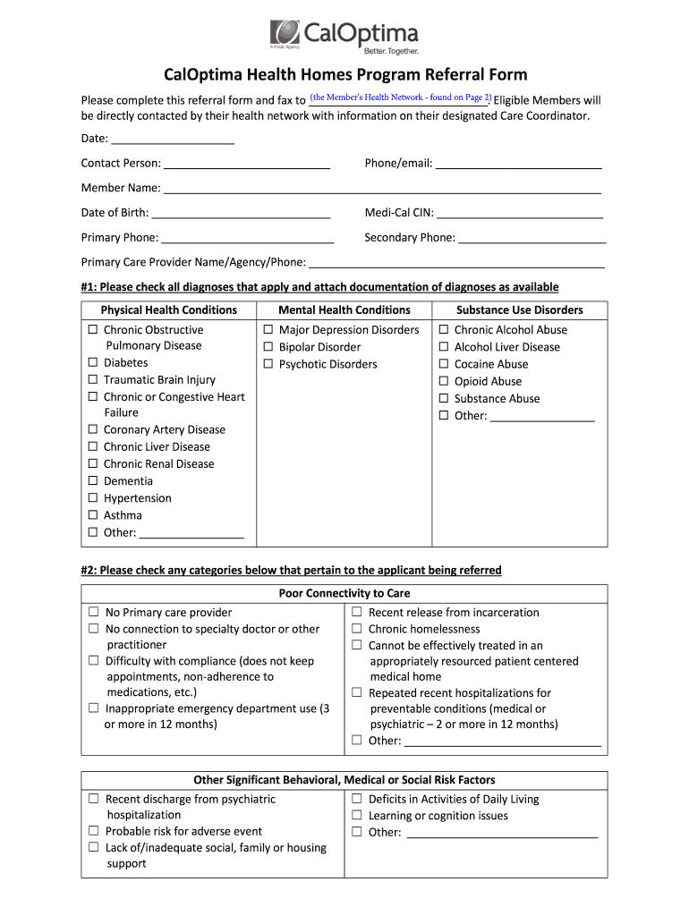 Fillable Online CalOptima Health Homes Program Referral Form Fax Email ...