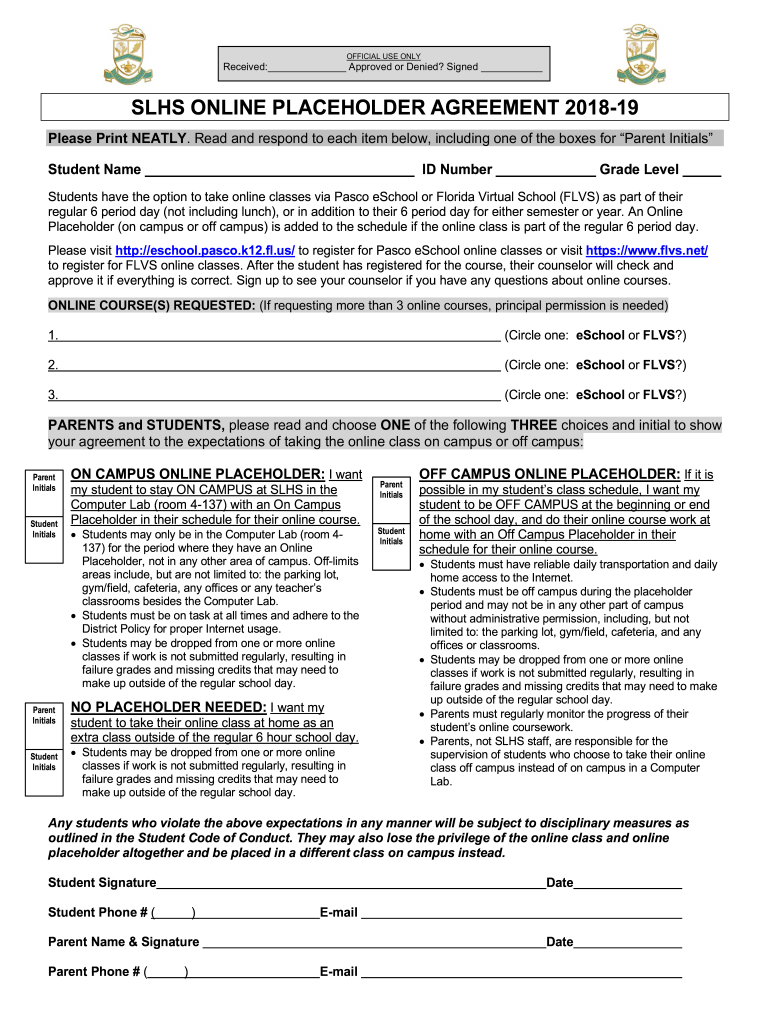 Fillable Online SLHS Online Course Placeholder Agreement Form 2018-19 ...