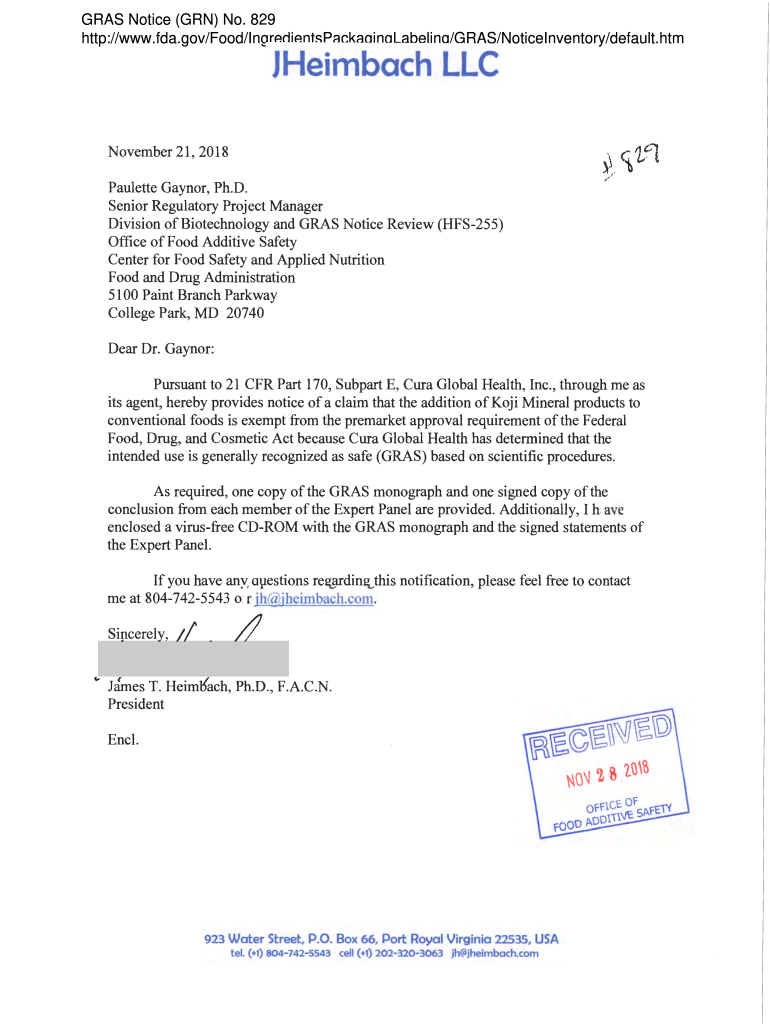 Fillable Online GRAS Notice 829, Dried biomass of Aspergillus oryzae ...