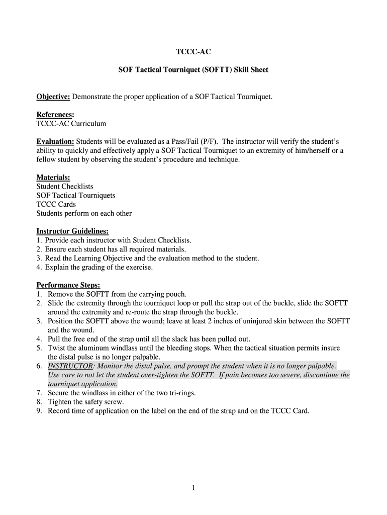 Fillable Online TCCC-AC SOF Tactical Tourniquet (SOFTT) Skill Sheet Fax ...