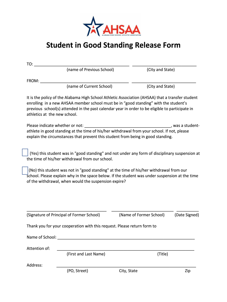 Fillable Online Student in Good Standing Release Form Fax Email Print ...
