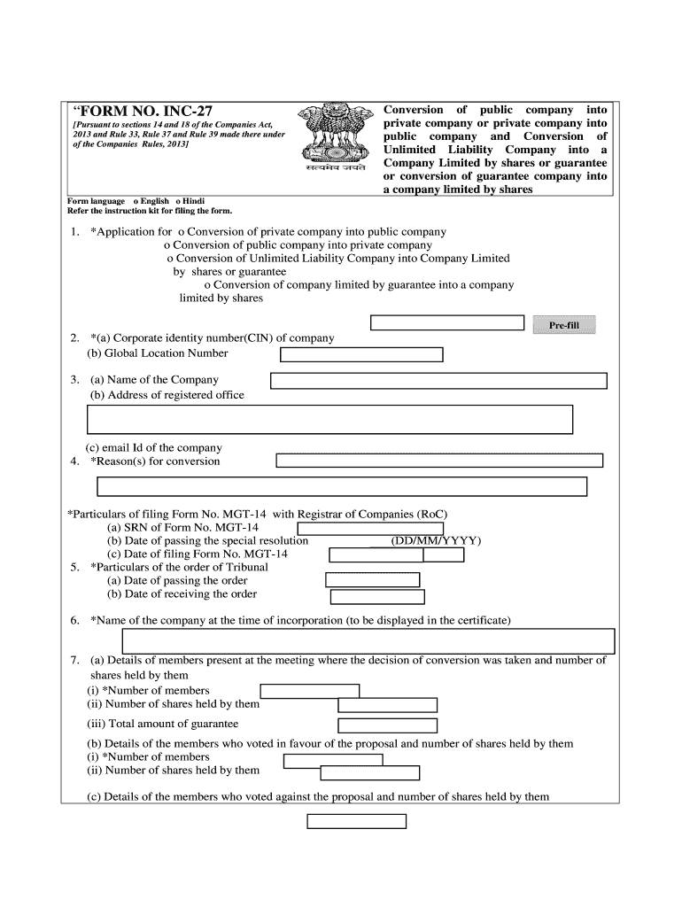 Fillable Online FORM NO. INC -27 Conversion of public company into Fax ...