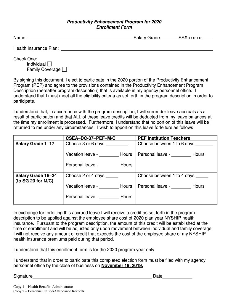Fillable Online Productivity Enhancement Program for 2020 Enrollment ...