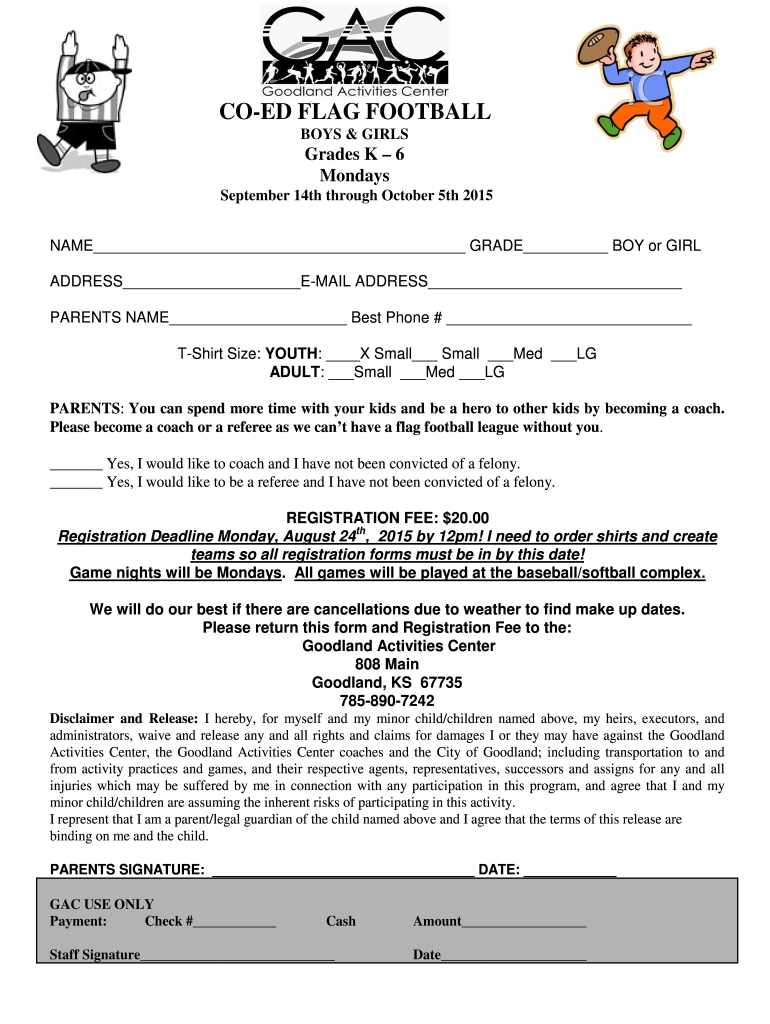 Fillable Online south side nfl youth flag football league registration ...