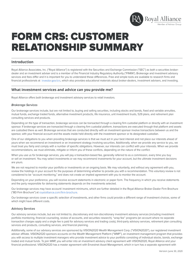 Fillable Online Form Crs Customer Relationship Summary Finra Fax