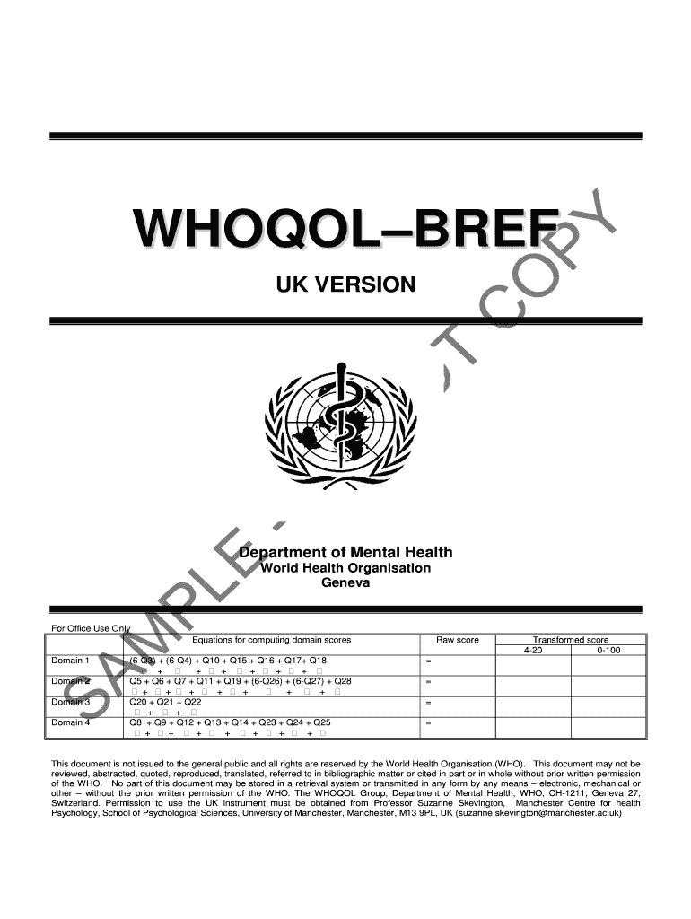 Fillable Online WHOQOL: Measuring Quality of Life - World Health ...