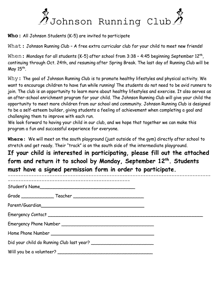 Fillable Online What: Johnson Running Club A free extra curricular club ...