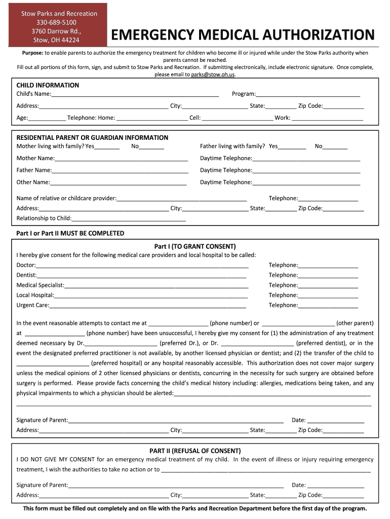 Fillable Online emergency medical authorization - Stow Fax Email Print ...