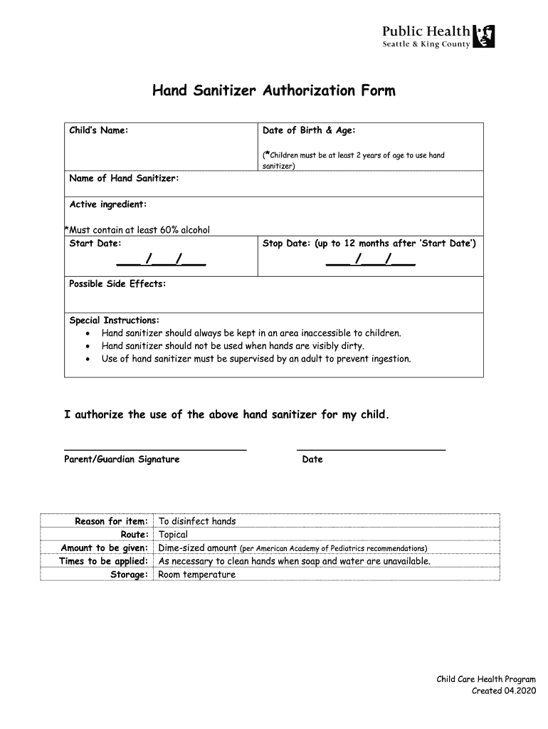 Fillable Online Hand Sanitizer Authorization Form Fax Email Print - pdfFiller