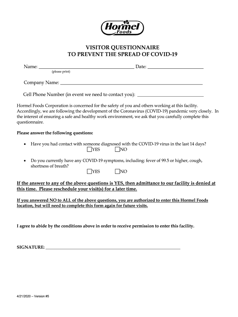 Fillable Online VISITOR QUESTIONNAIRE TO PREVENT THE SPREAD OF Fax ...