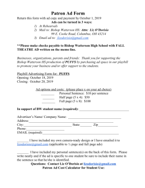 Fillable Online Patron Ad Form - Bishop Watterson High School Fax Email ...