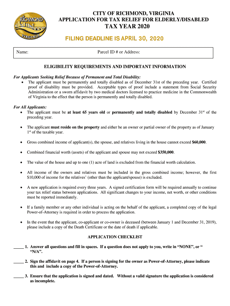 Fillable Online Personal Property Tax Relief for Elderly and Disabled ...