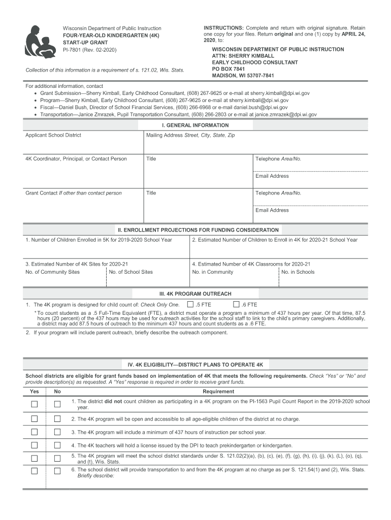 Fillable Online PI-7801 Four-Year-Old Kindergarten (4K) Start-Up Grant ...