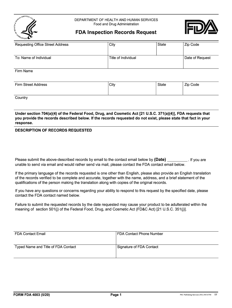 Fillable Online fda inspection records request Fax Email Print - pdfFiller
