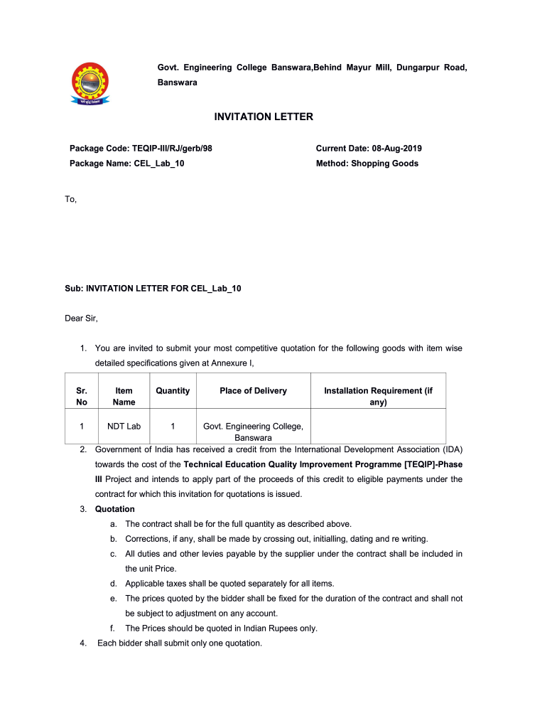 Invitation For Quotation - Fill Online, Printable, Fillable, Blank ...