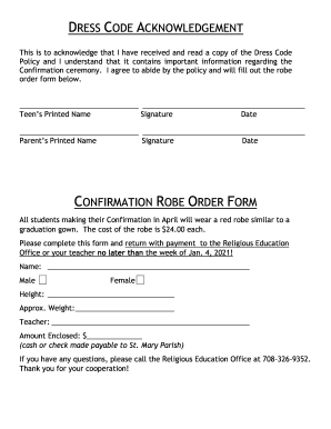 Fillable Online dress code acknowledgement confirmation robe order form ...