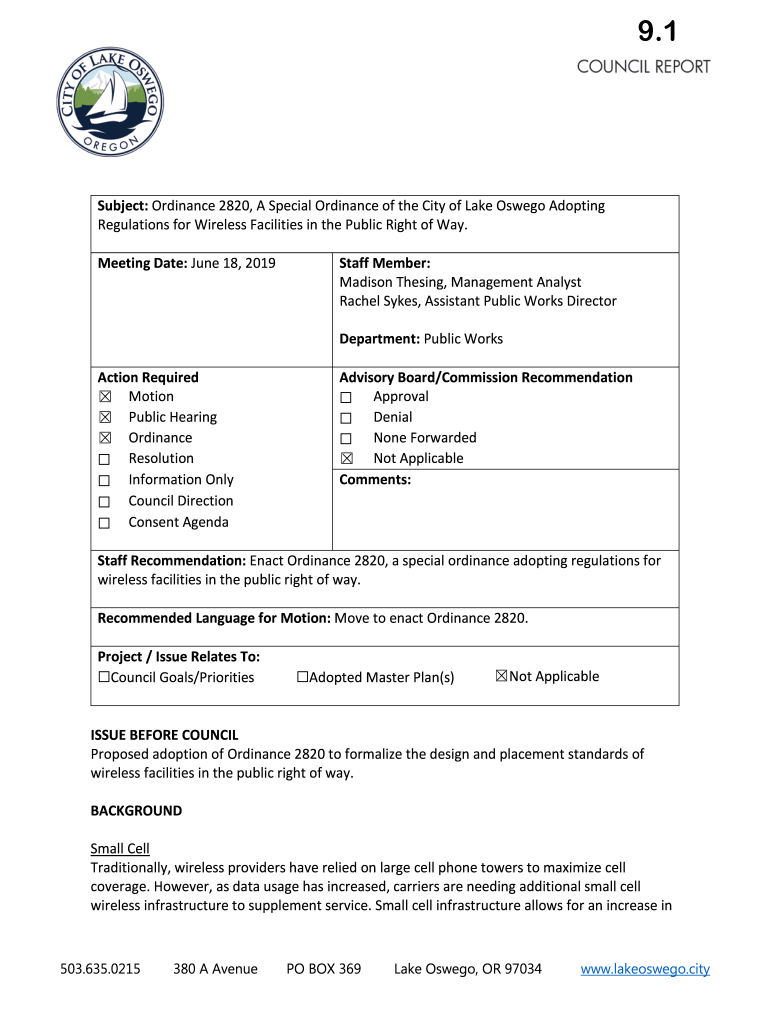 Fillable Online Subject: Ordinance 2820, A Special Ordinance of the ...