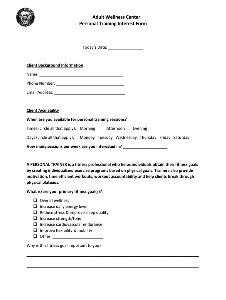 Fillable Online Adult Wellness Center Personal Training Interest Form ...