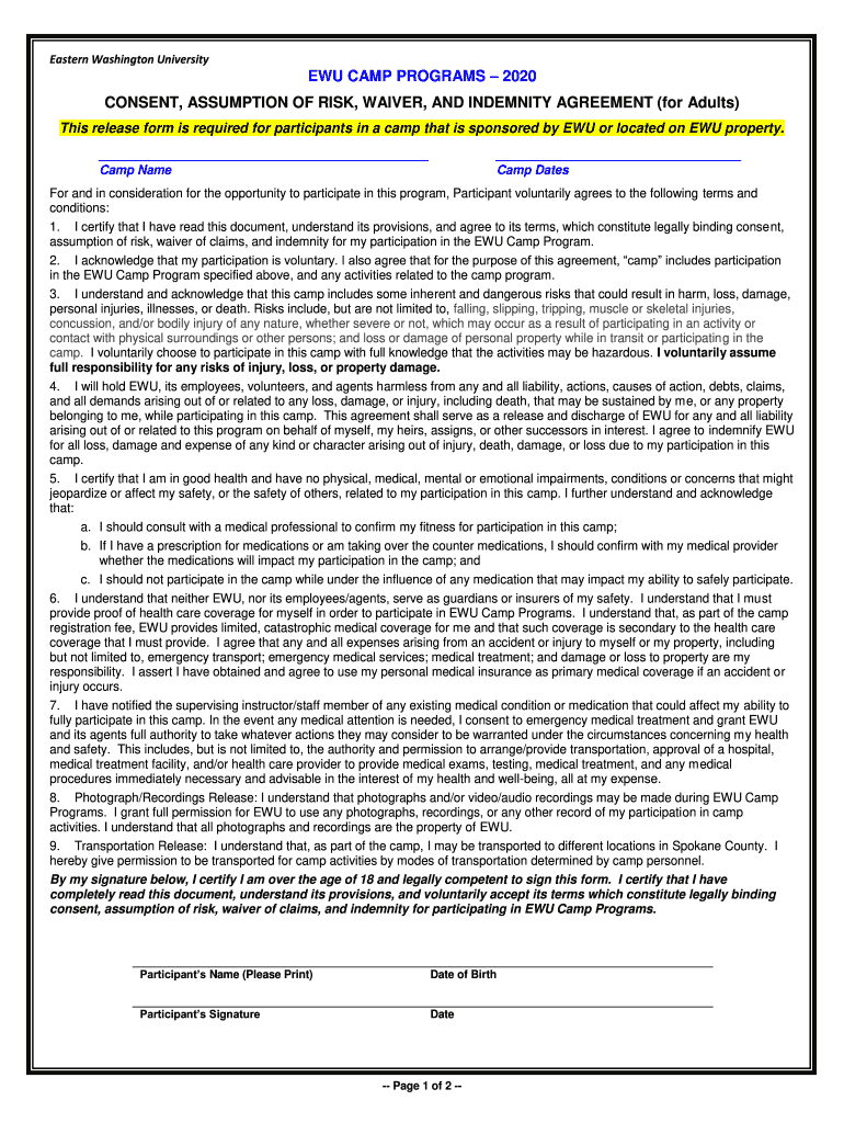 Fillable Online Camp Cinder Shasta 2020 Permission Slip and Waiver Fax ...