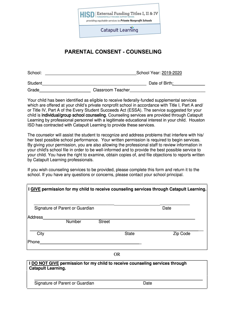Fillable Online PARENTAL CONSENT - COUNSELING Fax Email Print - pdfFiller