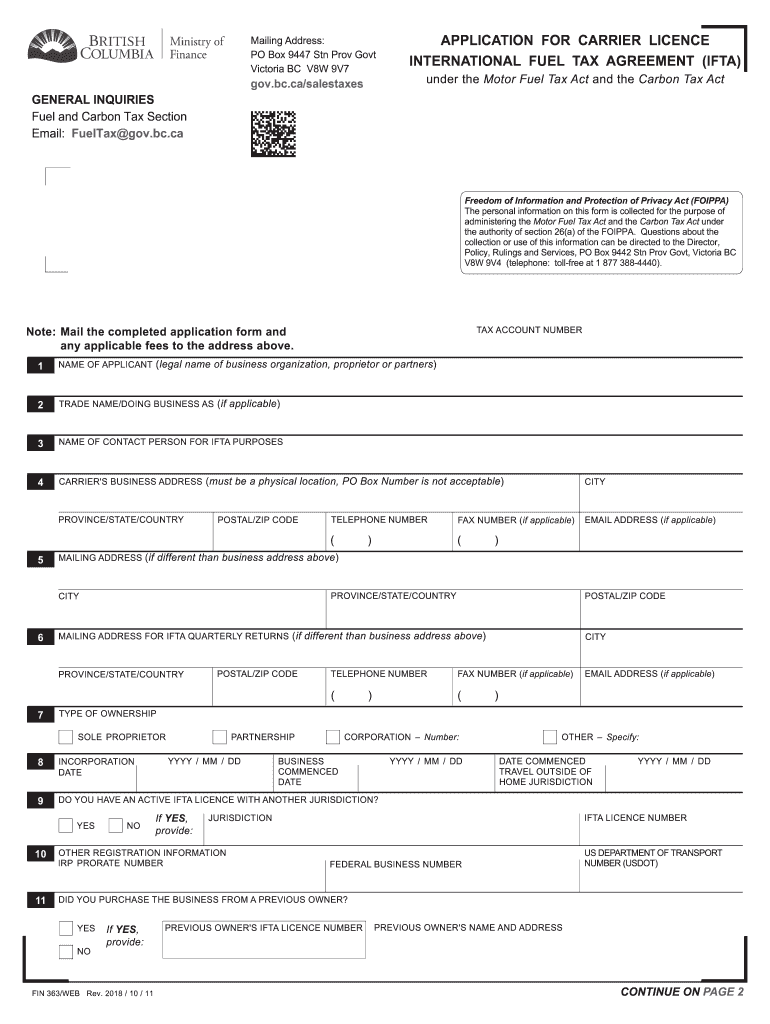 Fillable Online FIN 363, Application for Carrier Licence International ...