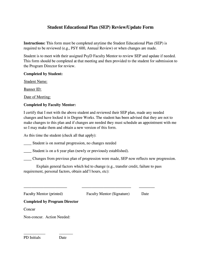 Fillable Online Student Educational Plan (SEP) Review/Update Form Fax ...