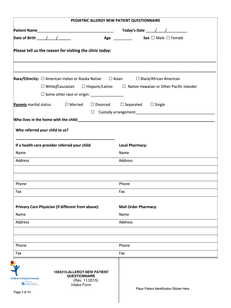 Fillable Online Pediatric Allergy New Patient Questionniare. patient ...