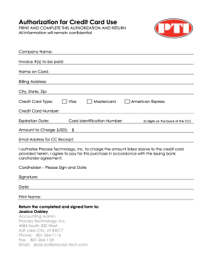 Fillable Online CREDIT CARD AUTHORIZATION FORM - Process Tech Fax Email ...