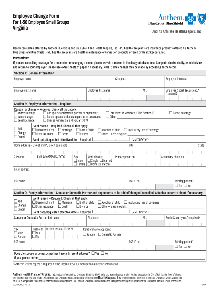 Fillable Online Employee Change Form For Small Groups Virginia ...