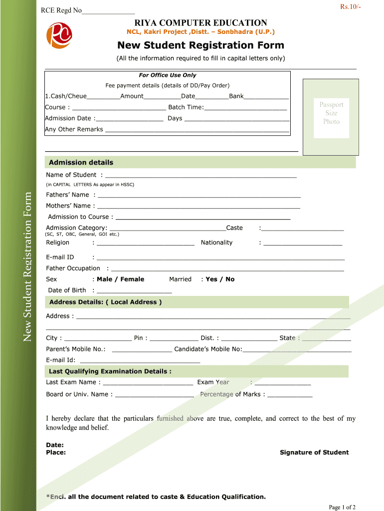 Fillable Online RCE Regd No Fax Email Print - pdfFiller