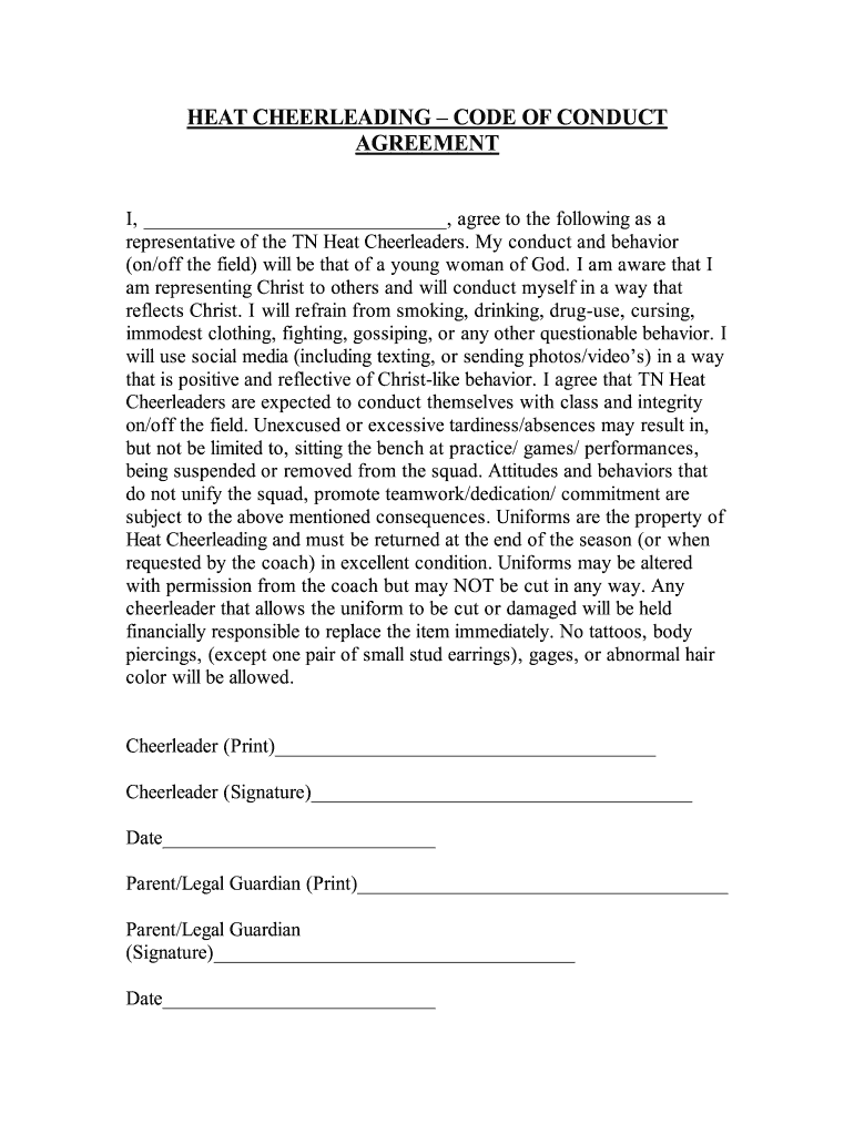 Fillable Online HEAT CHEERLEADINGCODE OF CONDUCT AGREEMENT Fax Email ...